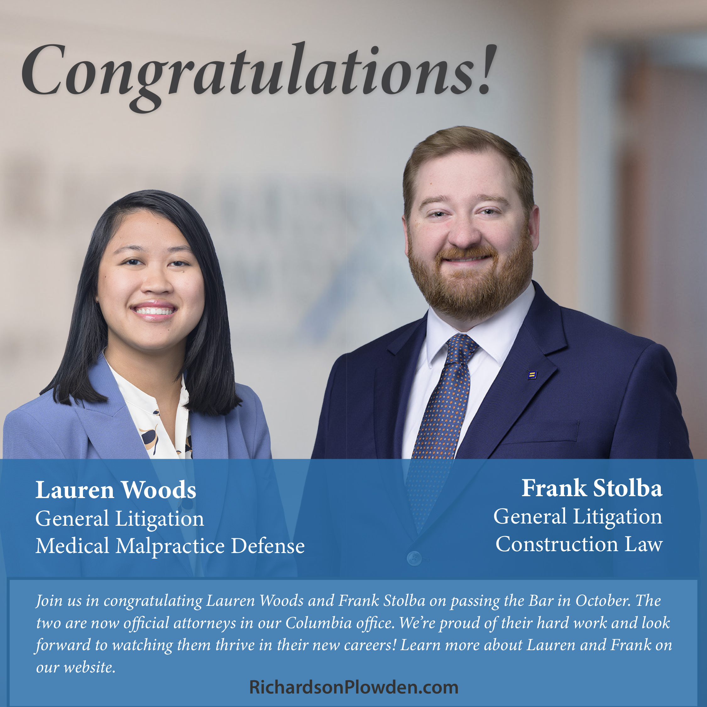 Lauren Woods and Frank Stolba Licensed to Practice Law - Richardson Plowden